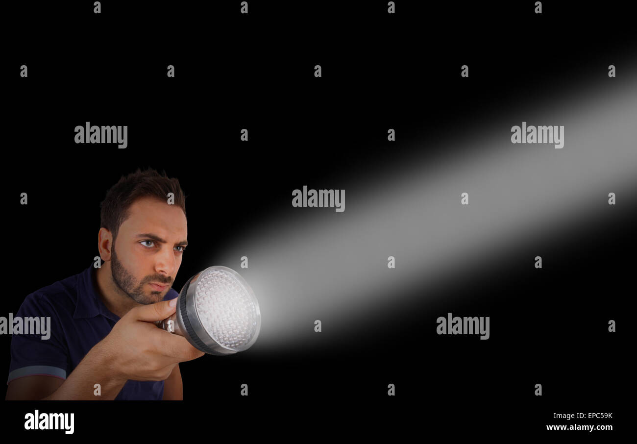 Man searching with flashlight in dark hi-res stock photography and ...