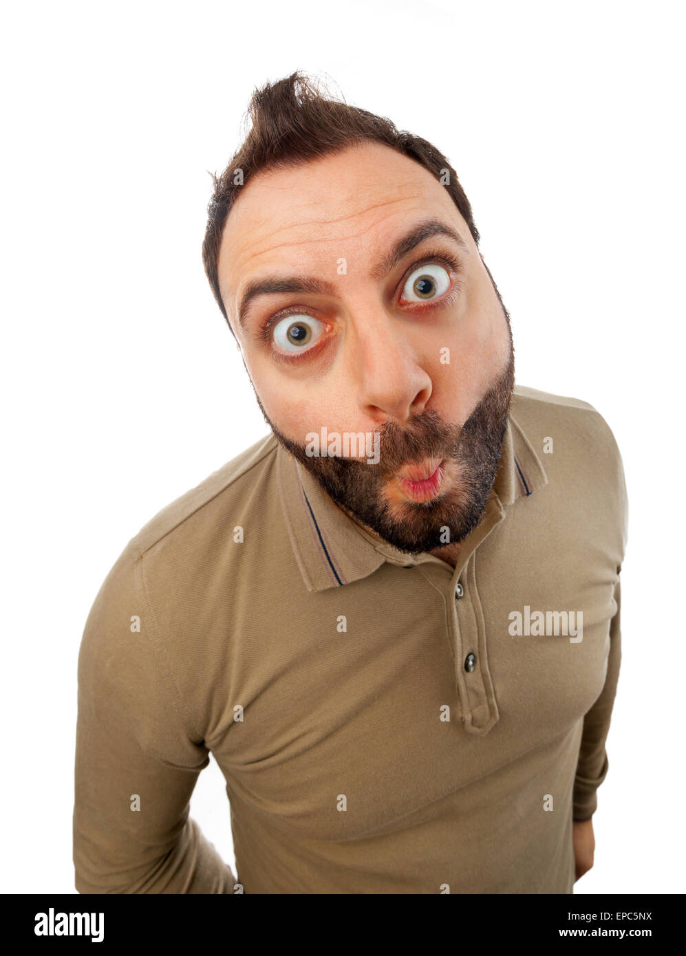 Young man with funny expression on white background Stock Photo - Alamy