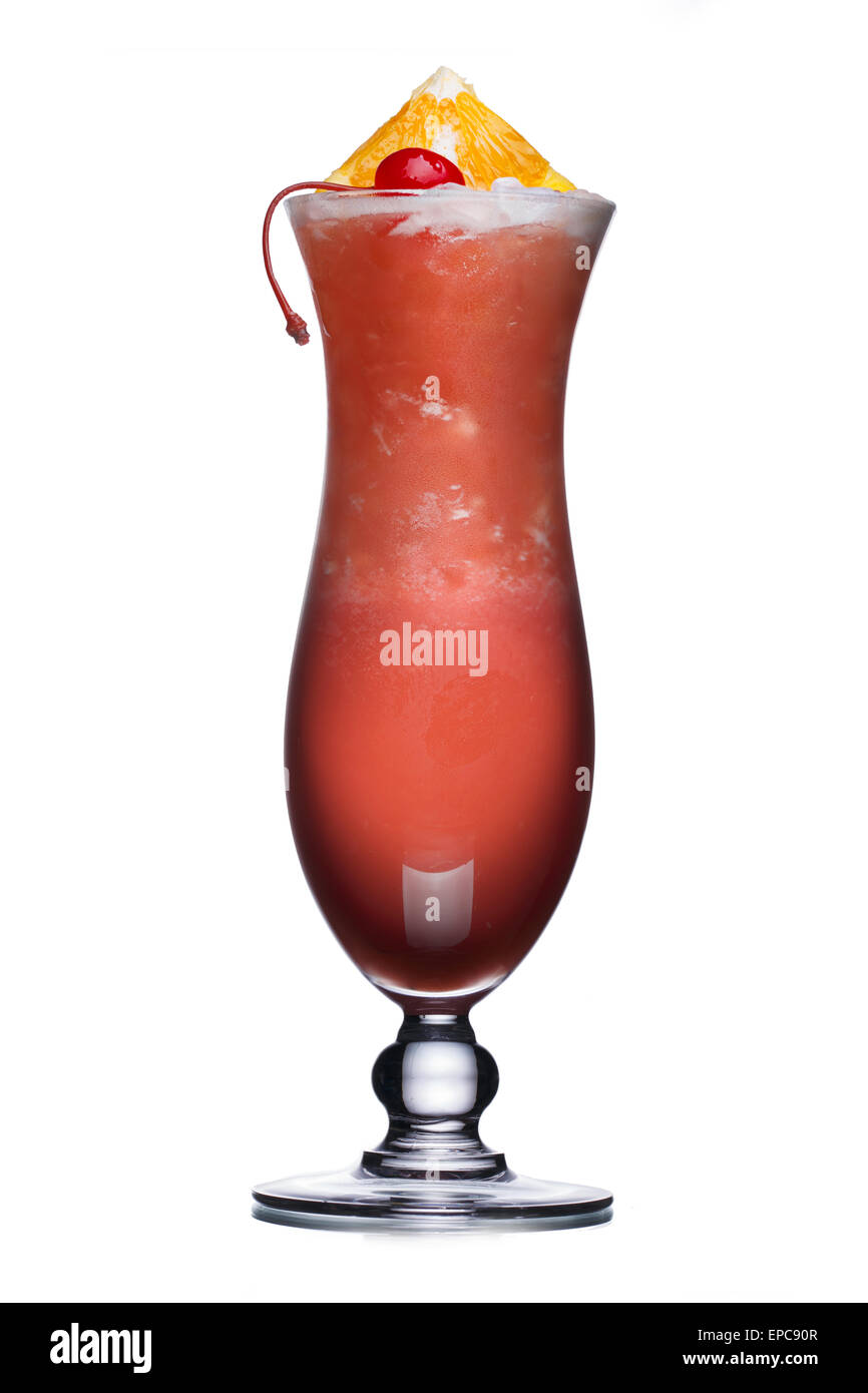 Alcoholic cocktail in hurricane glass decorated with orange slice and ...