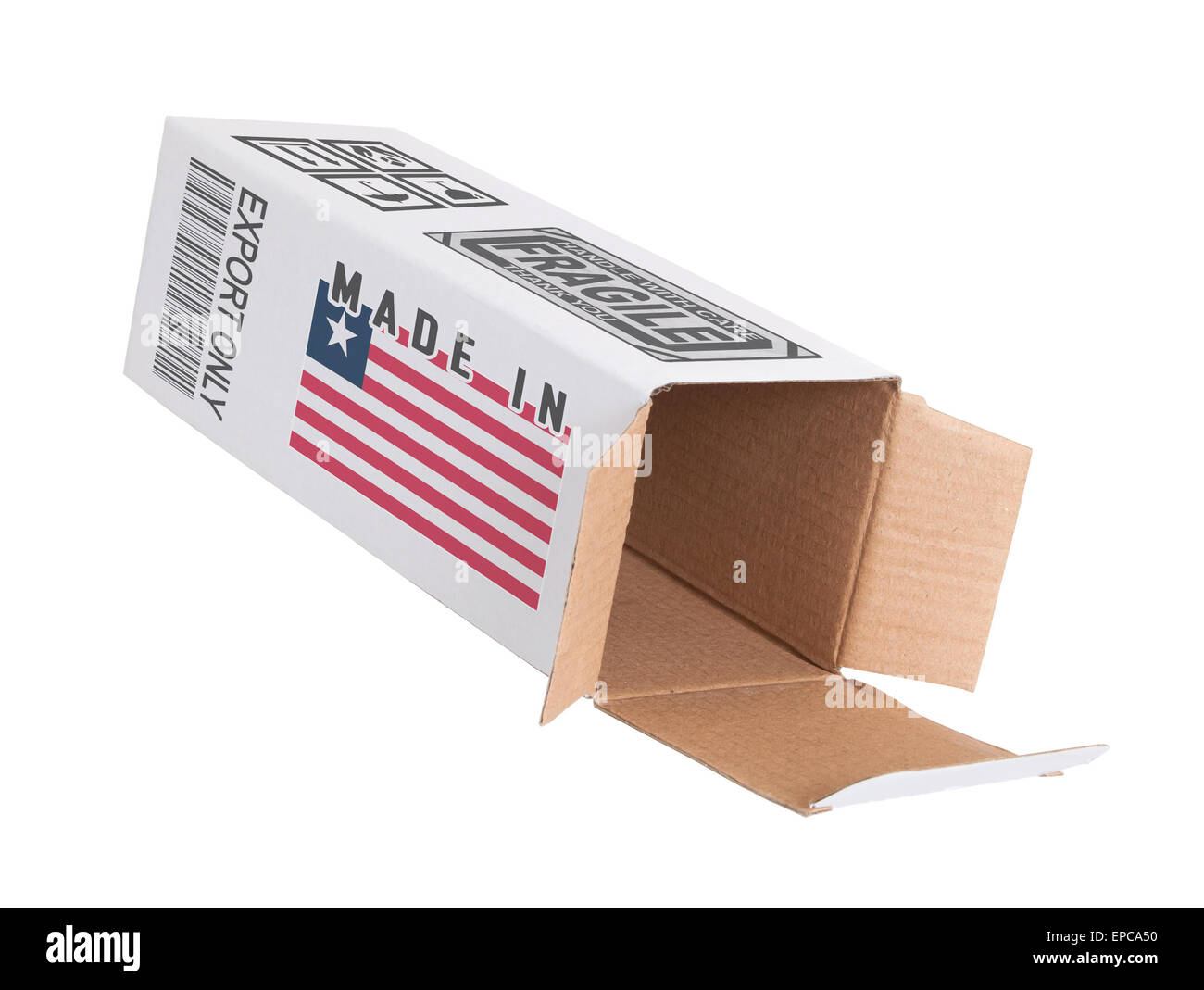 Concept of export, opened paper box - Product of Liberia Stock Photo ...