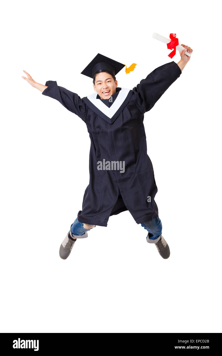 Happy student in graduate robe jumping against white background Stock ...