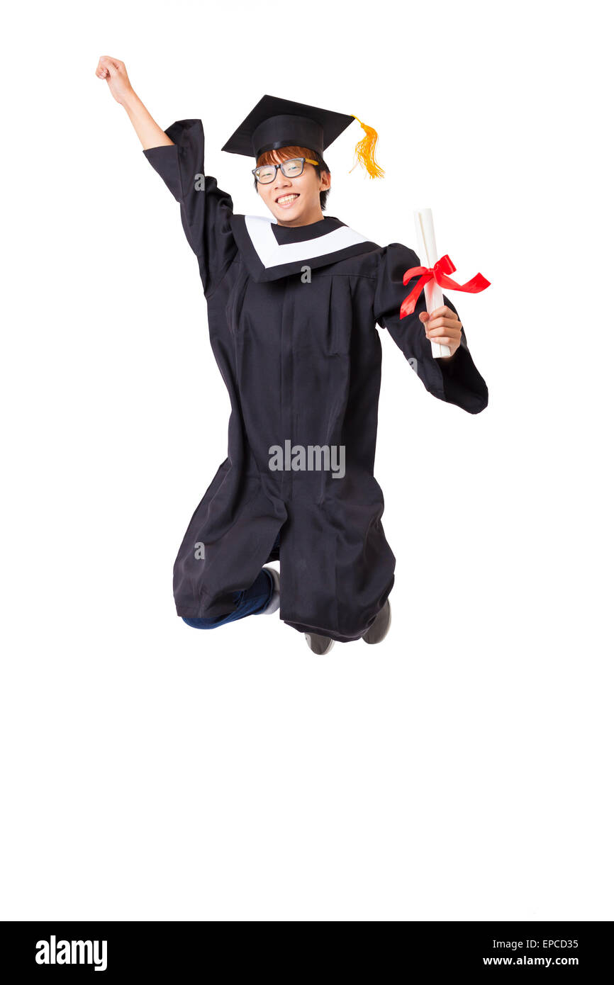 Happy student in graduate robe jumping against white background Stock ...