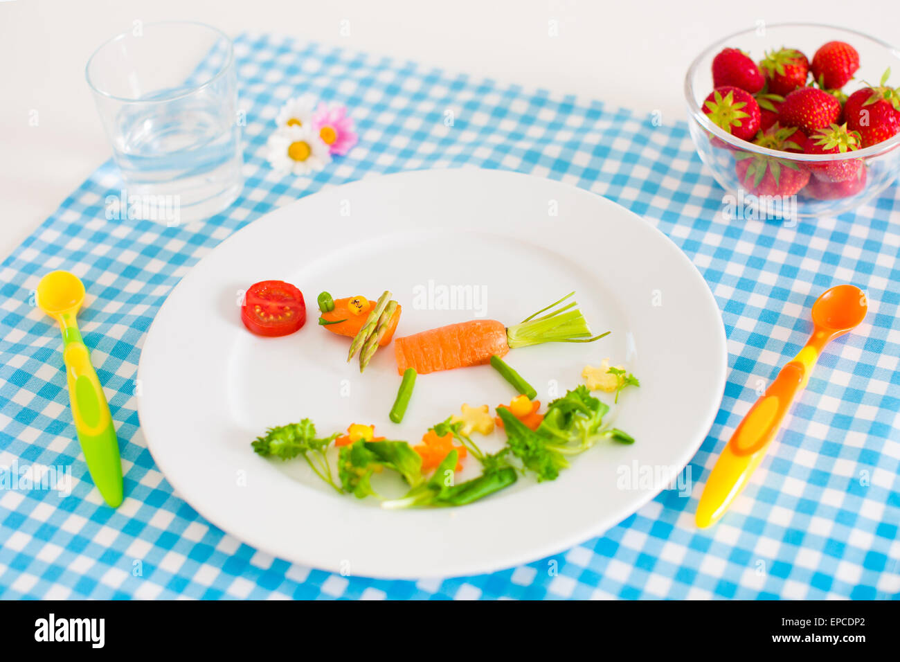 Healthy vegetarian lunch for little kids, vegetables and fruit served ...
