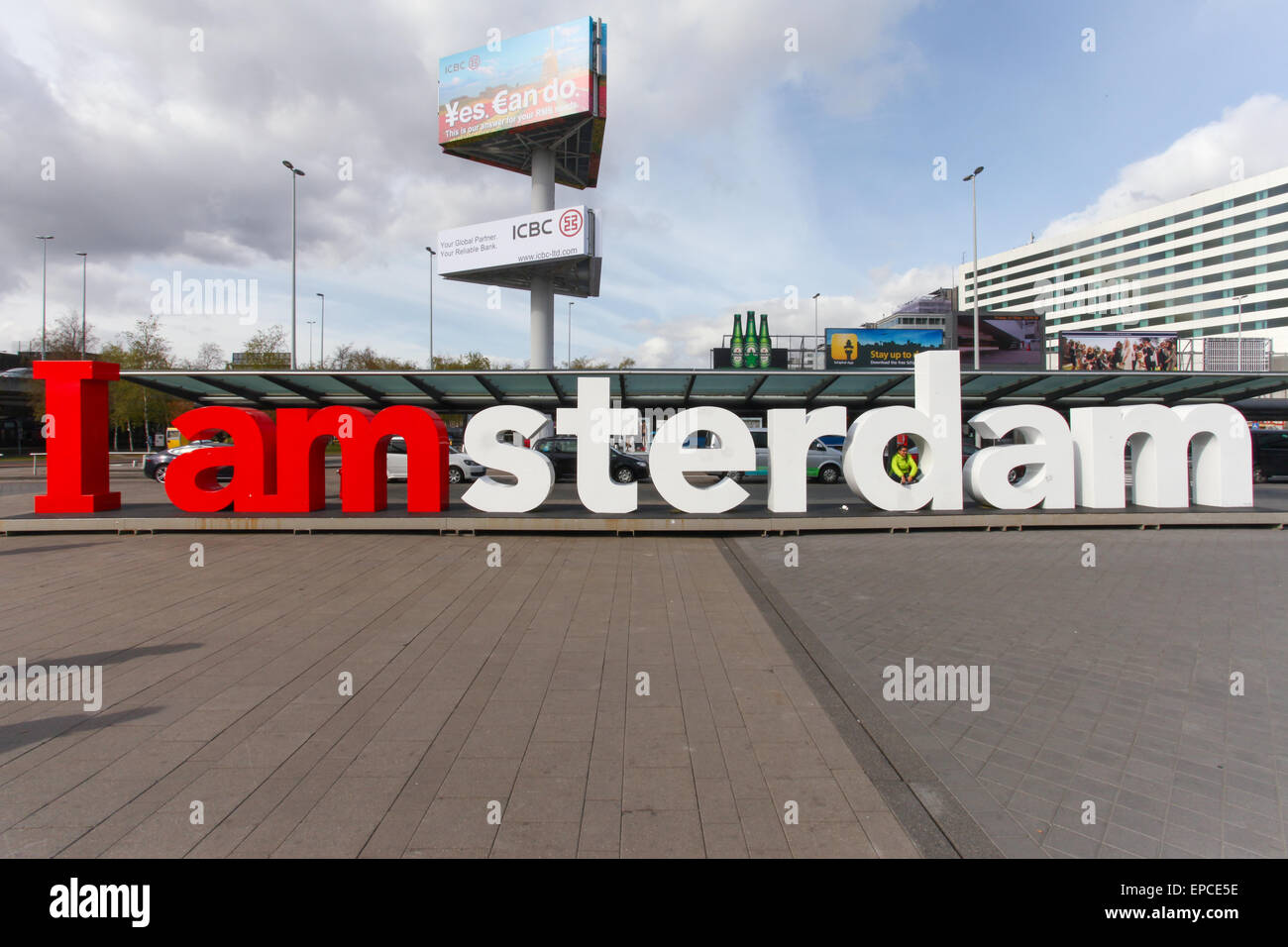 View of the red and white I am Amsterdam sign at the arrival/departure ...