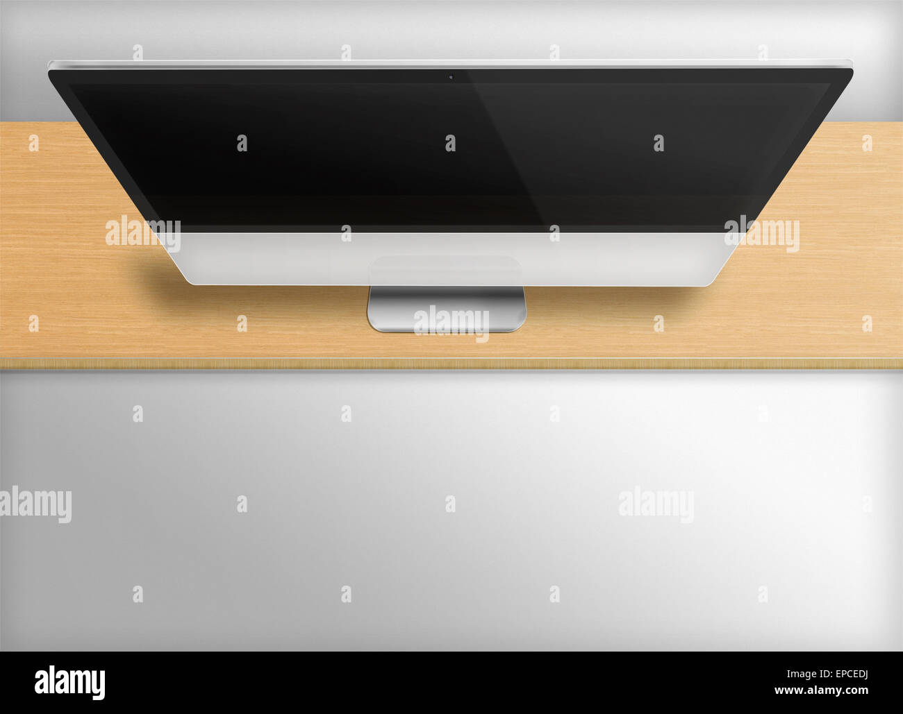 Modern computer monitor with black screen on wooden desk and grey ...