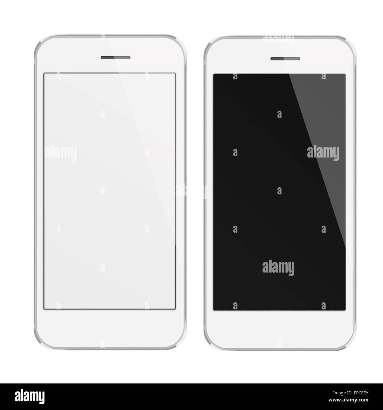 Realistic white mobile phones with blank and black screen isolated on ...
