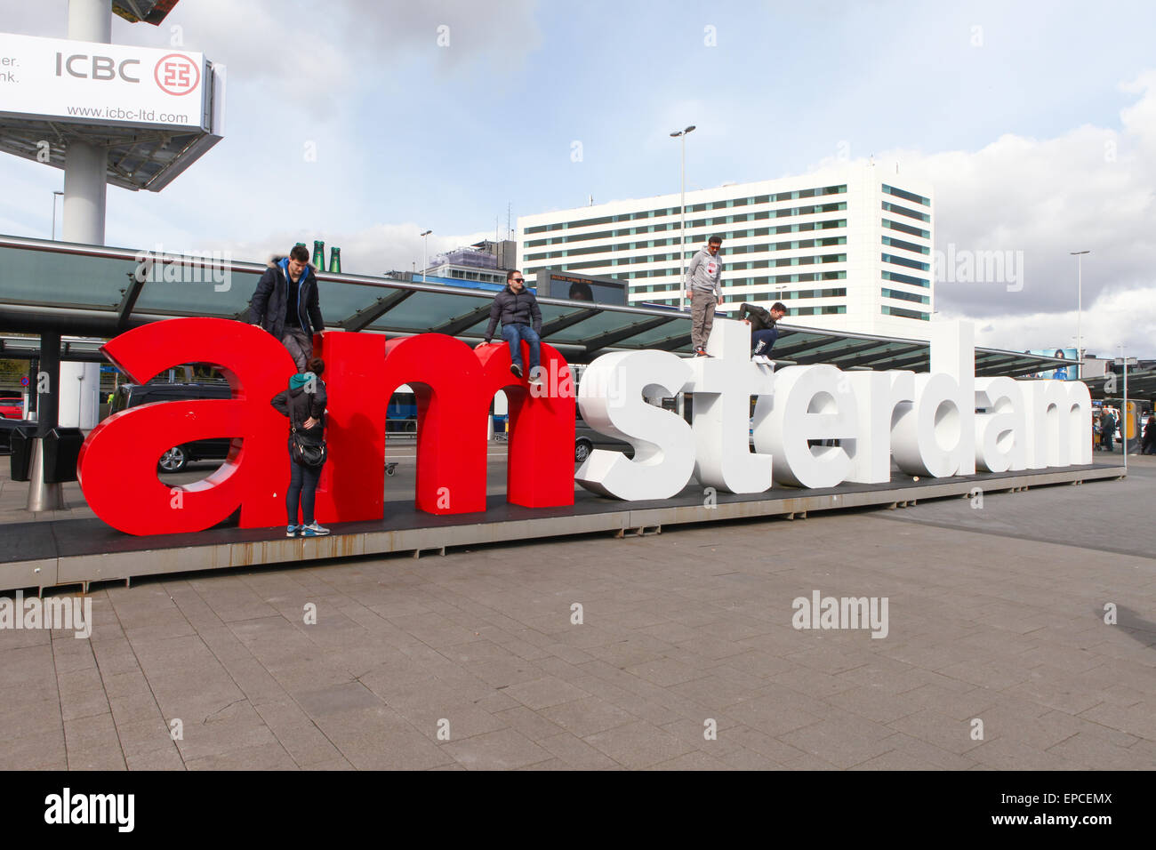 View of the red and white I am Amsterdam sign at the arrival/departure ...