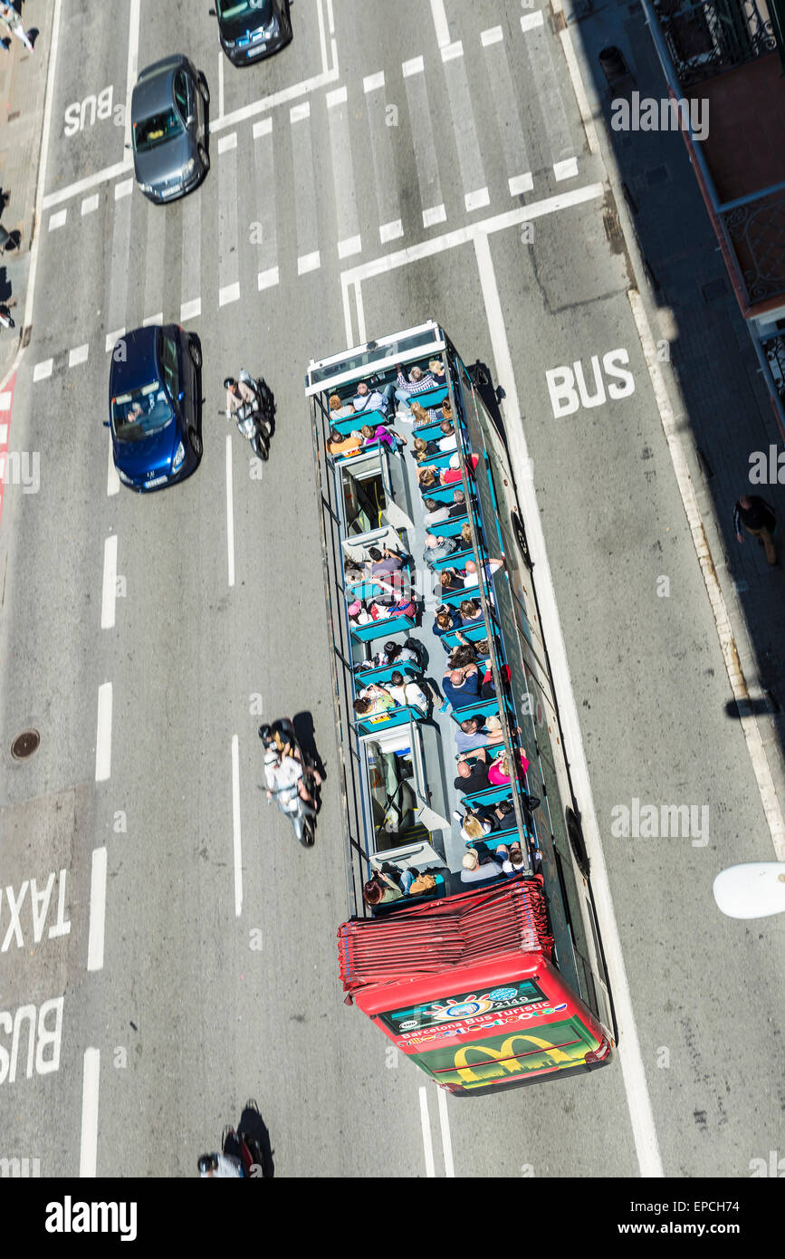 Aerial view of a tourist bus in motion. Barcelona City Tour is an ...