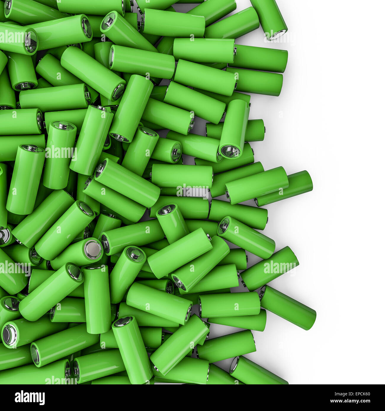 3D render of green batteries spilling on white surface Stock Photo - Alamy