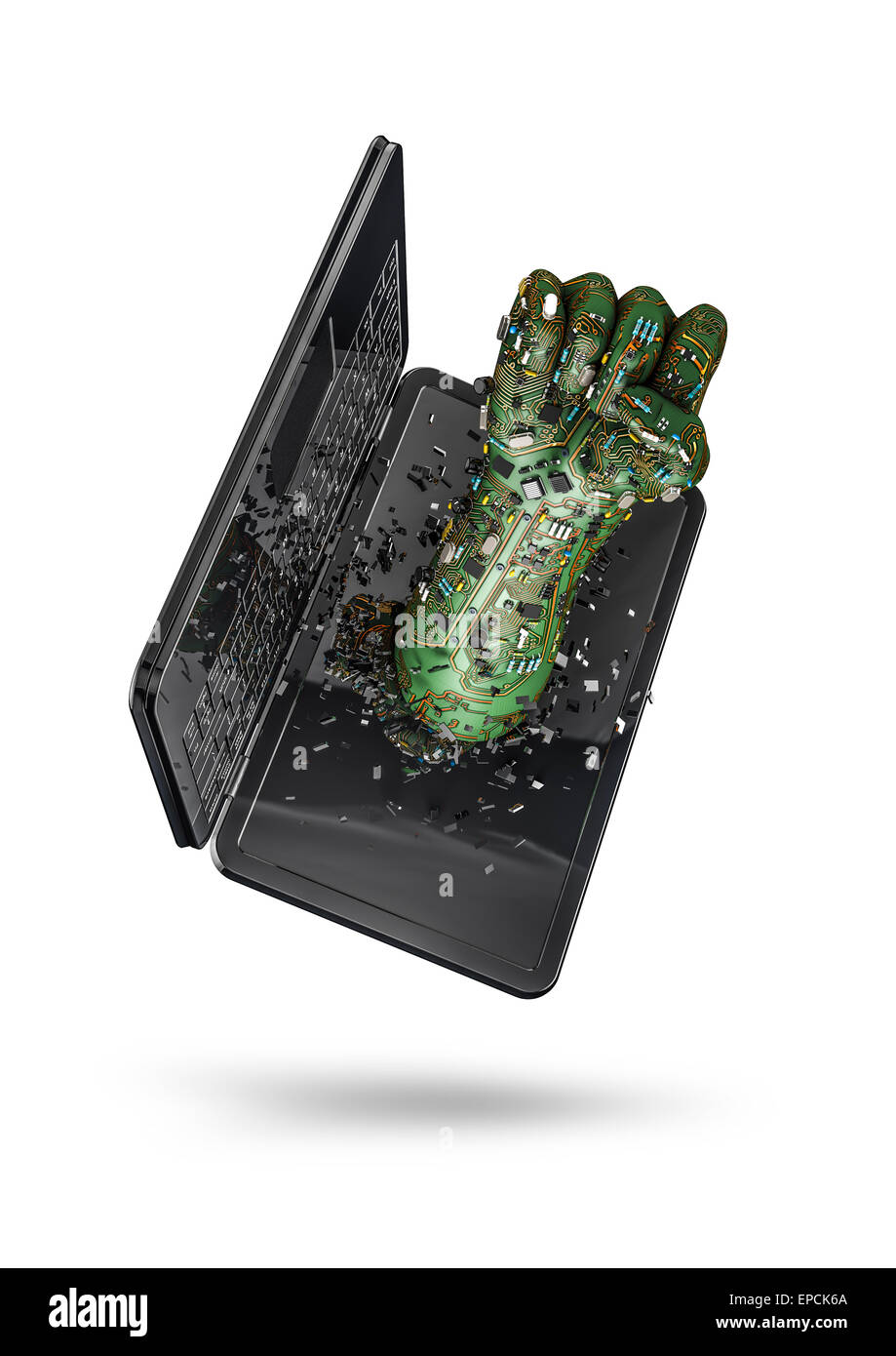 3D render of fist made of computer circuit board bursting from laptop ...