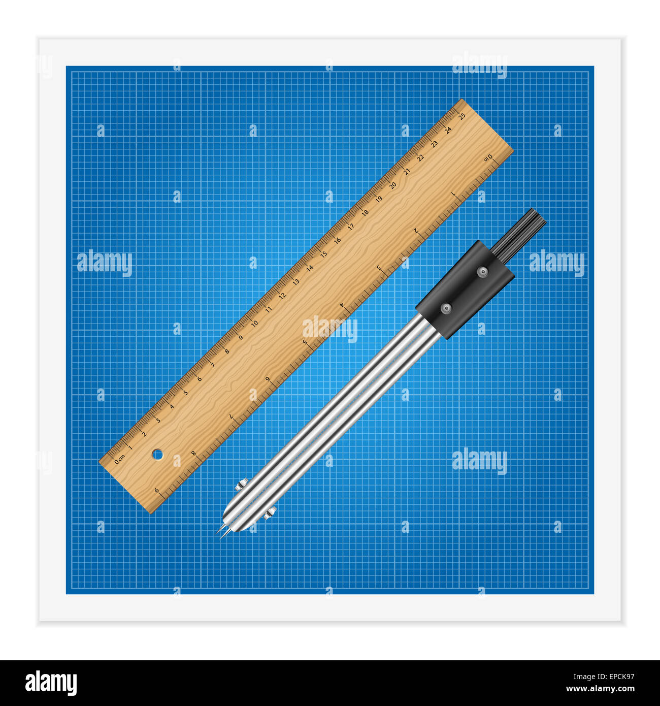 Blueprint and ruler instruments on a white background Stock Photo - Alamy