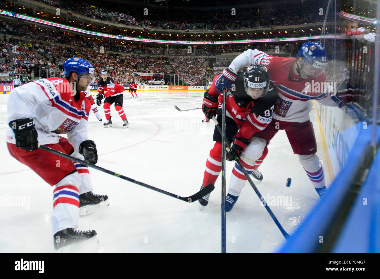 Left to right: Jan Hejda (CZE), Sidney Crosby (CAN) and Jaromir Jagr ...
