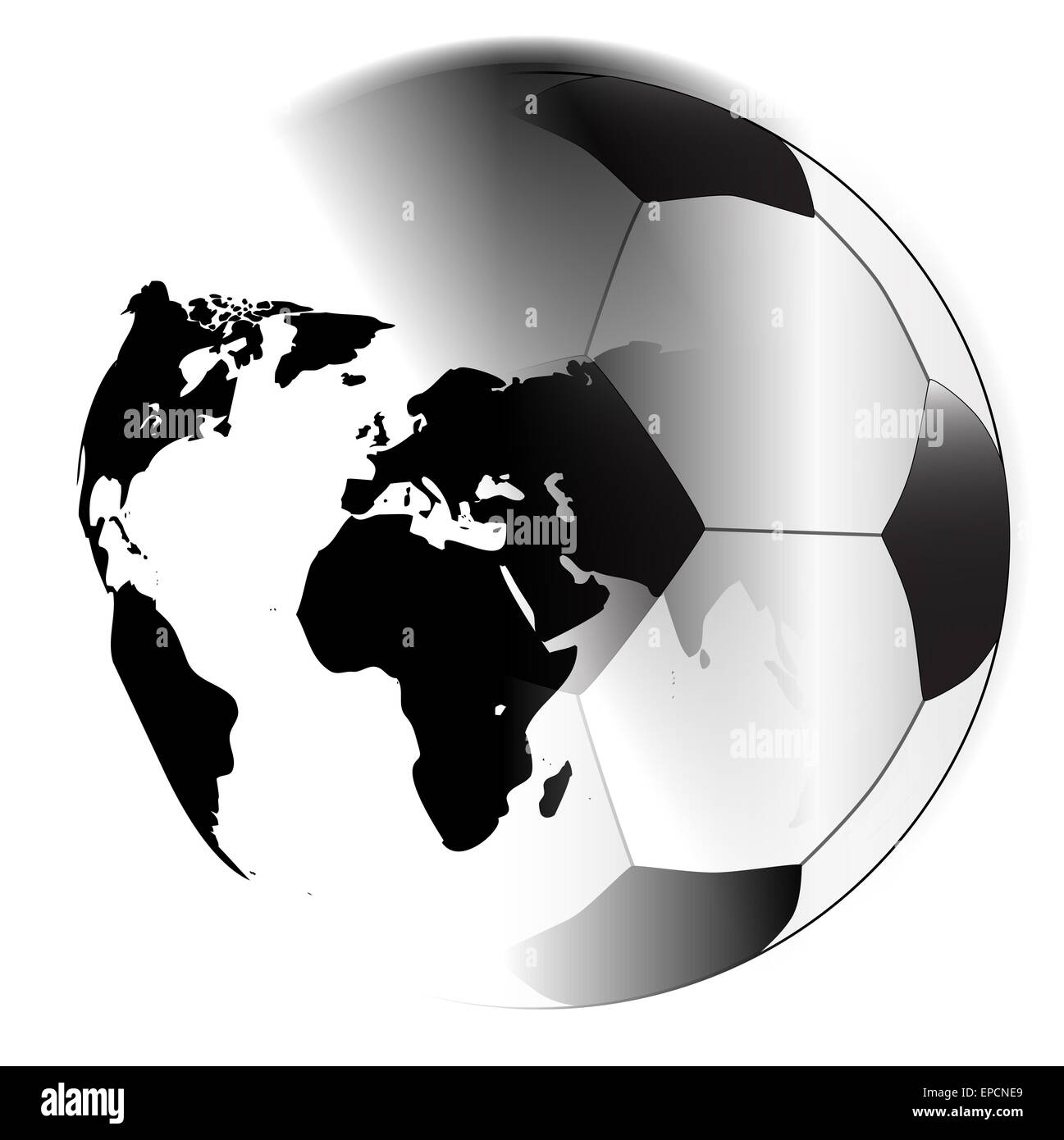 The planet Earth fading into a typical soccer ball over a white ...