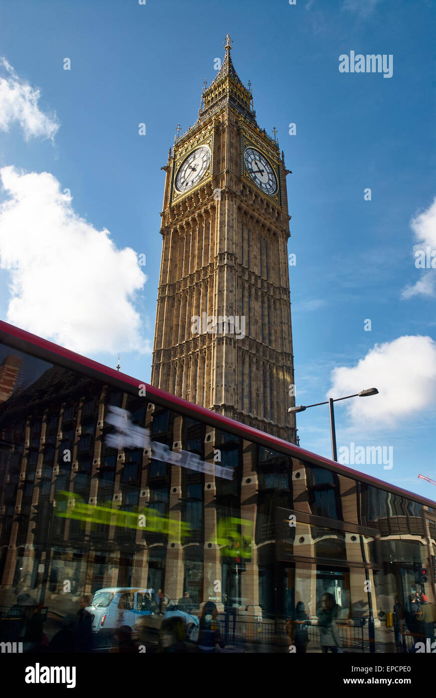 Big Ben in central London, UK with traffic reflected in a window Stock ...