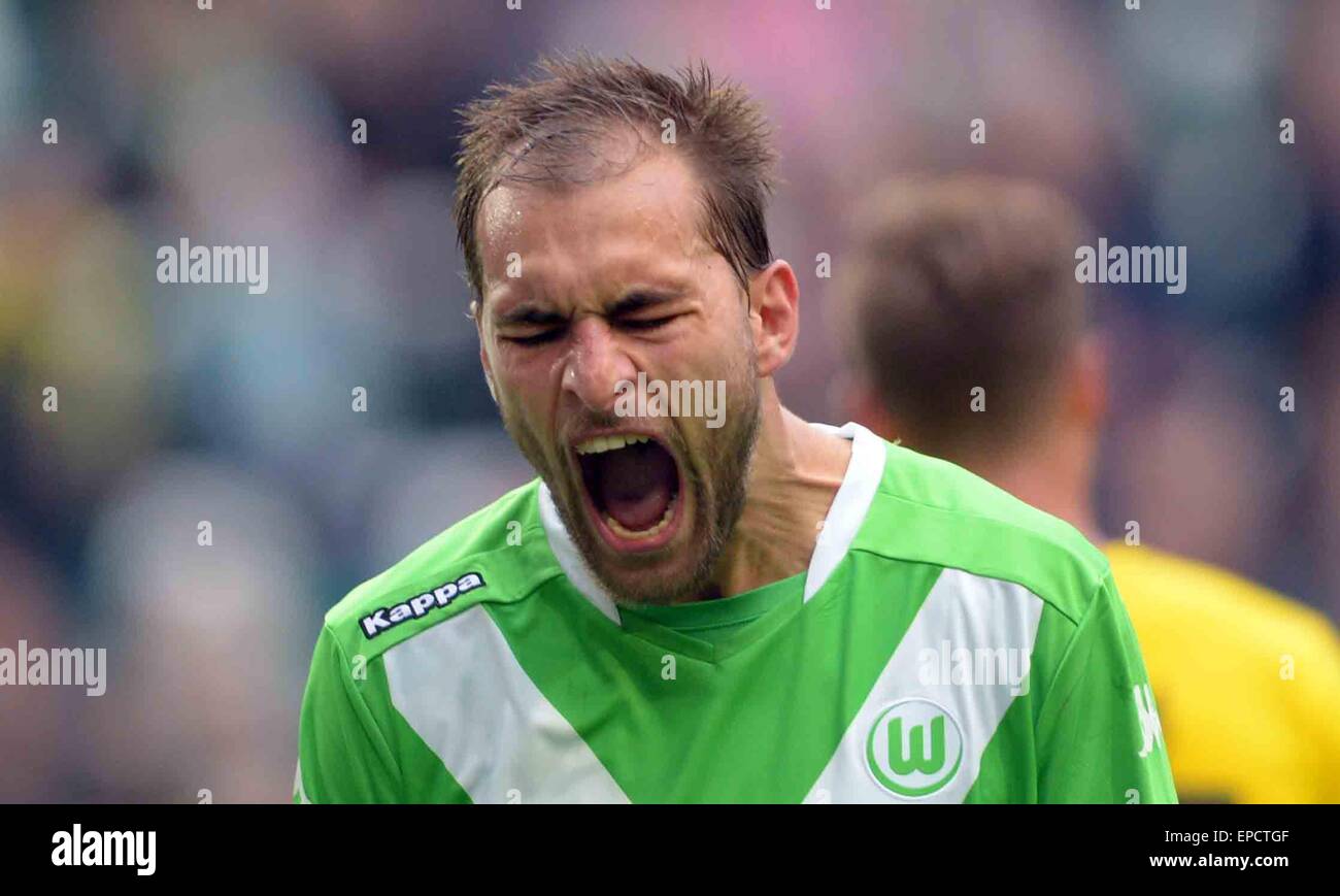 Wolfsburg, Germany. 16th May, 2015. Wolfsburg's Bas Dost reacts during ...