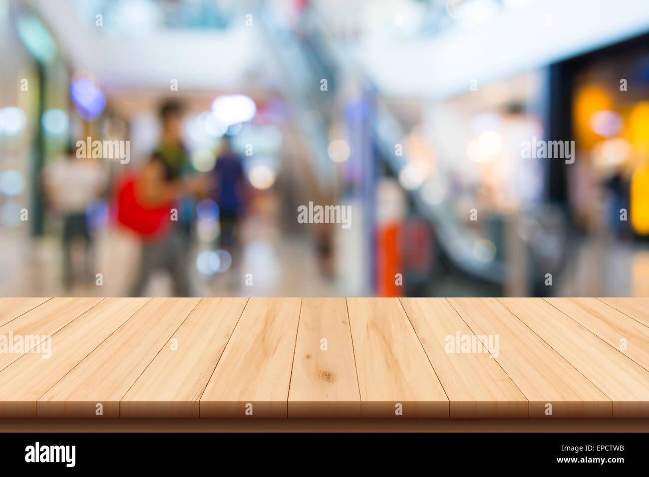 Shopping mall blurred background with bokeh and wooden floor Stock ...