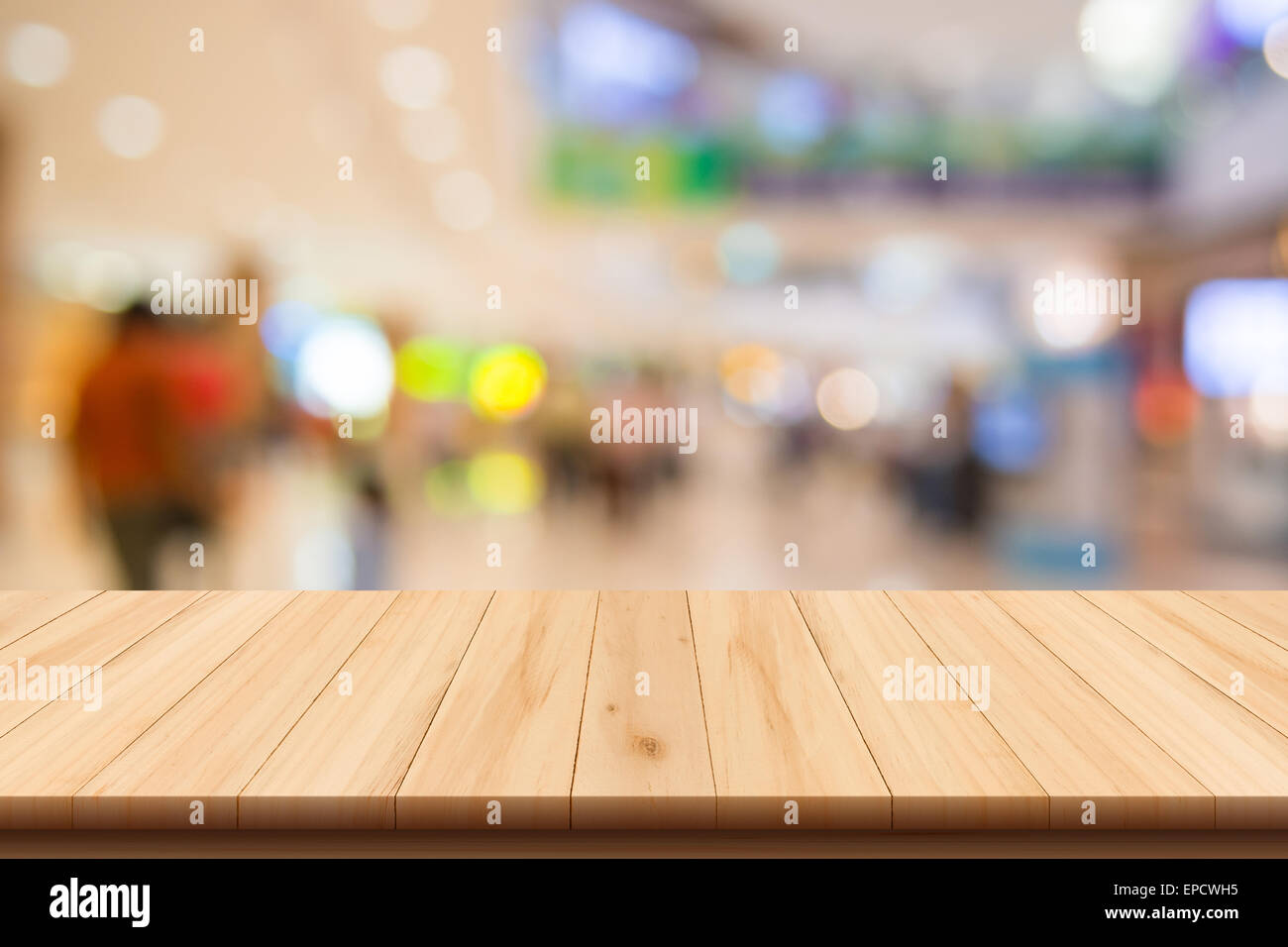 Shopping mall blurred background with bokeh and wooden floor Stock ...