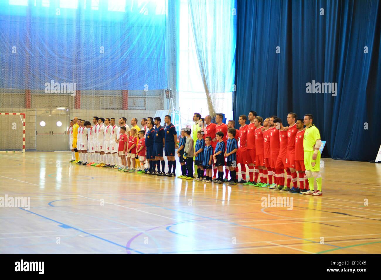 Gibraltar. 16th May, 2015. The national teams line up before kick-off ...