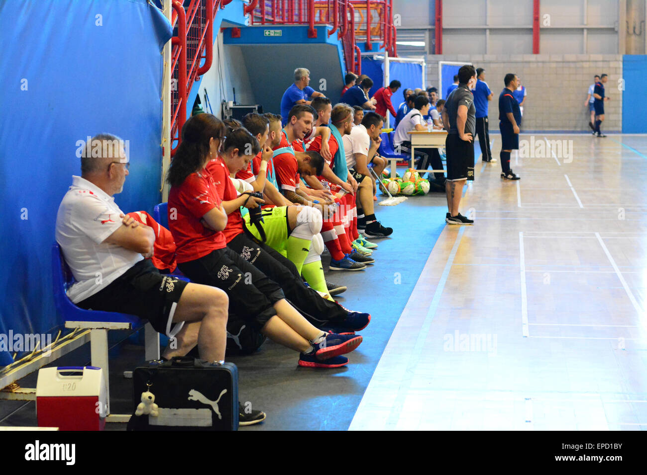 Gibraltar. 16th May, 2015. The Swiss team bench. The Gibraltar futsal ...