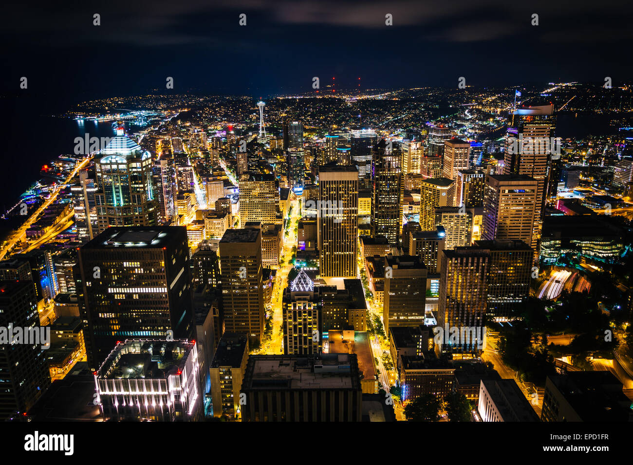 The downtown skyline at night, in Seattle, Washington Stock Photo - Alamy