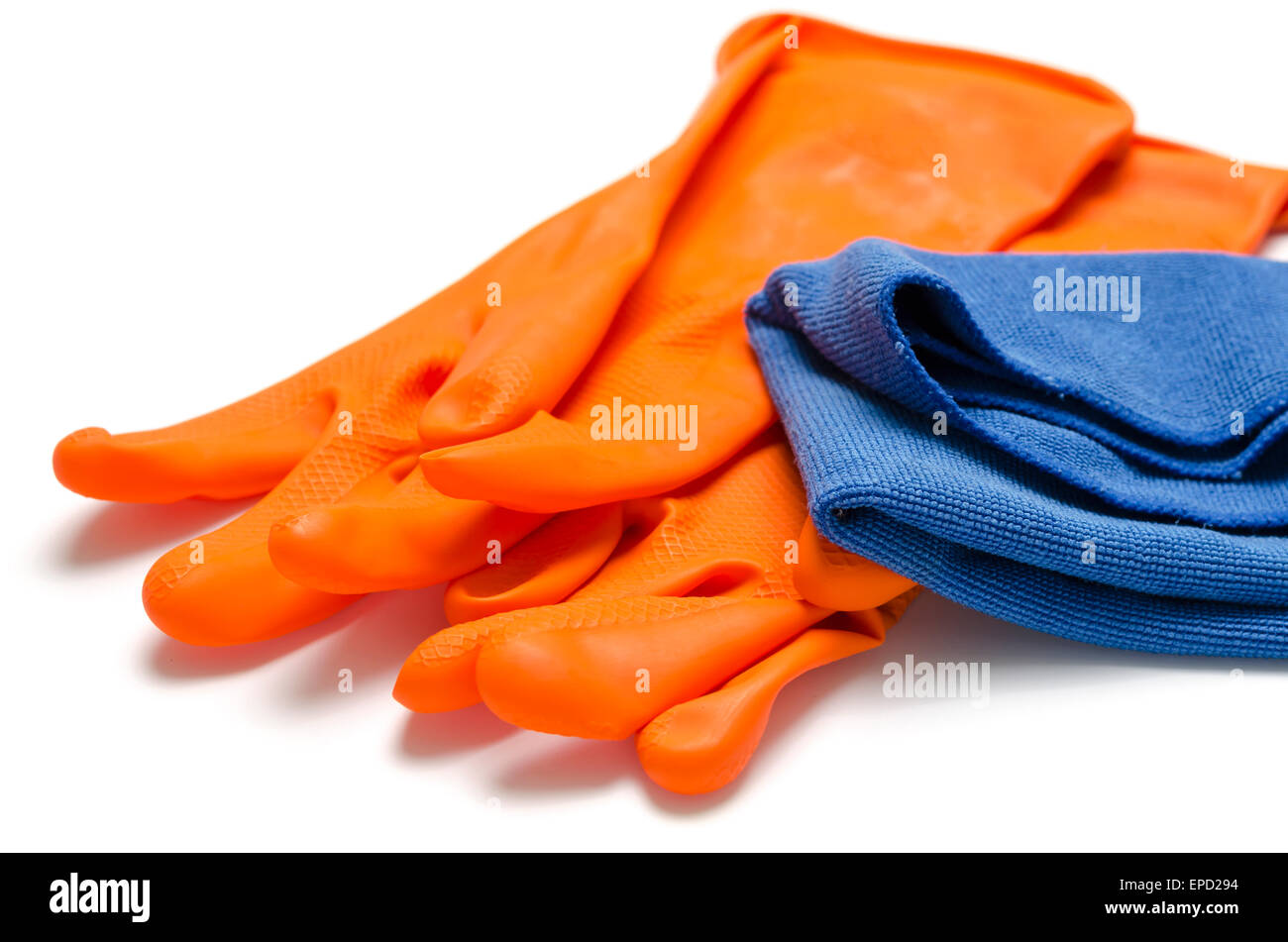 blue rag with orange cleaning glove on a white background Stock Photo ...