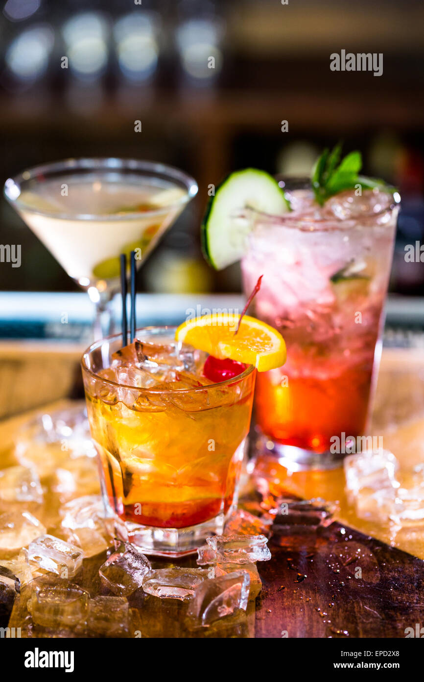 Colorful cocktails on the bar table in restaurant Stock Photo - Alamy