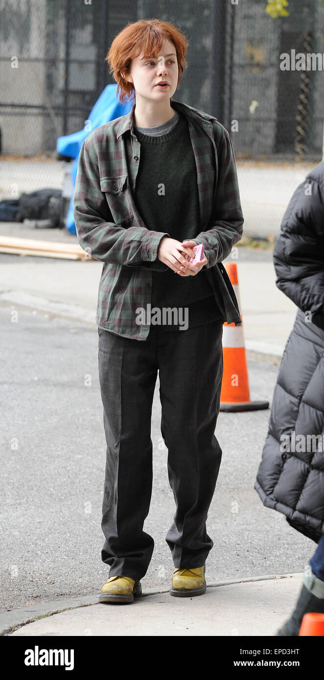 Elle Fanning shooting on location a scene on the set of her upcoming ...