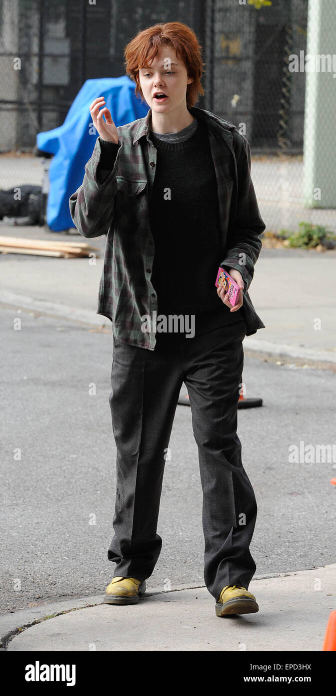 Elle Fanning shooting on location a scene on the set of her upcoming ...