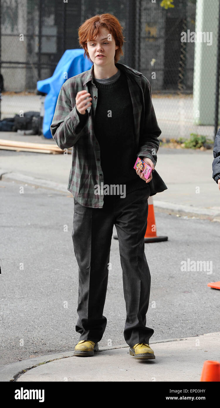 Elle Fanning shooting on location a scene on the set of her upcoming ...