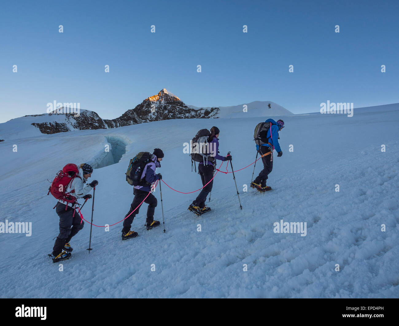 Climbers on Monte Rosa behind Lyskamm peak, Monte Rosa, Alps, Italy ...