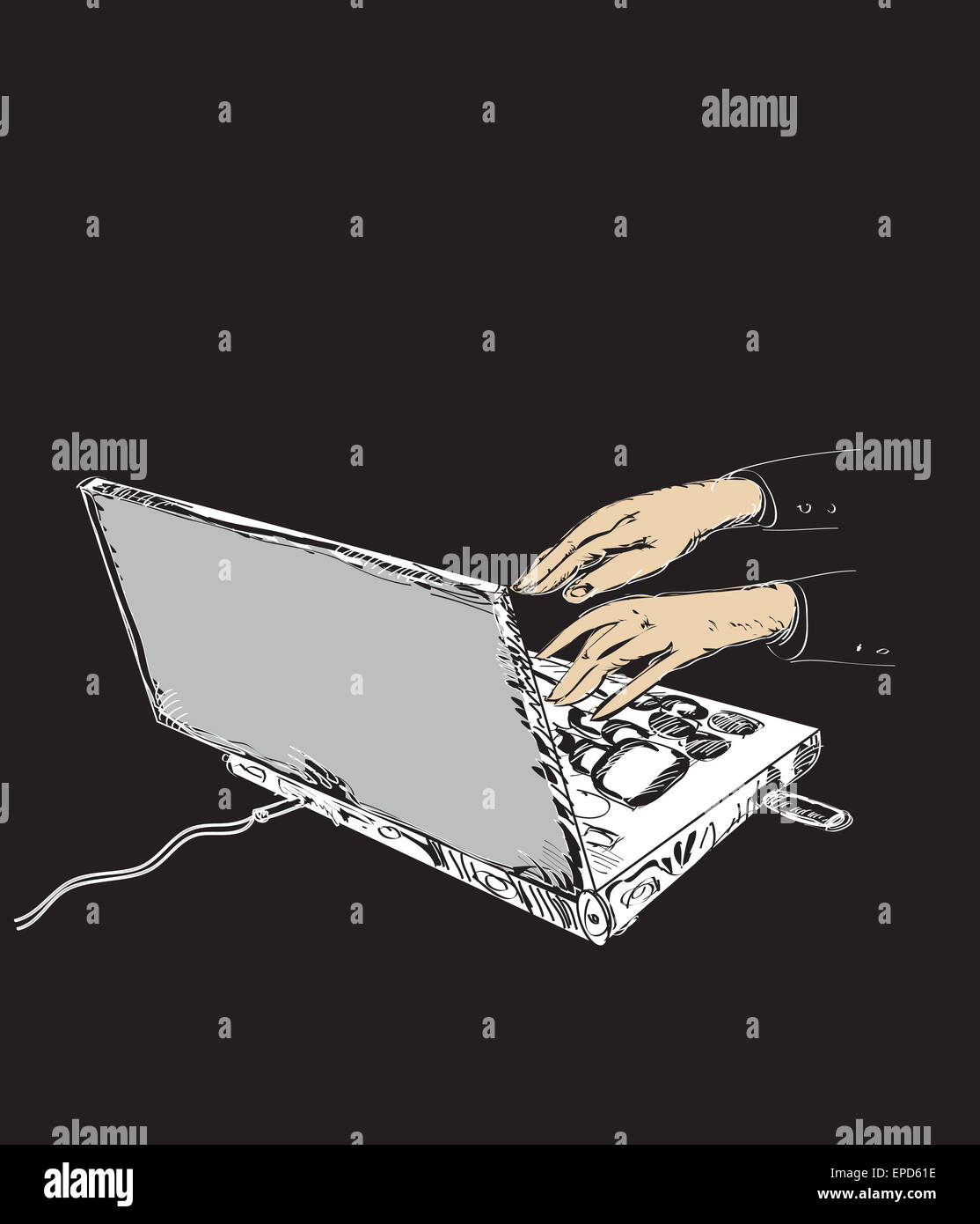 Hands working on a laptop, illustration on black Stock Photo - Alamy