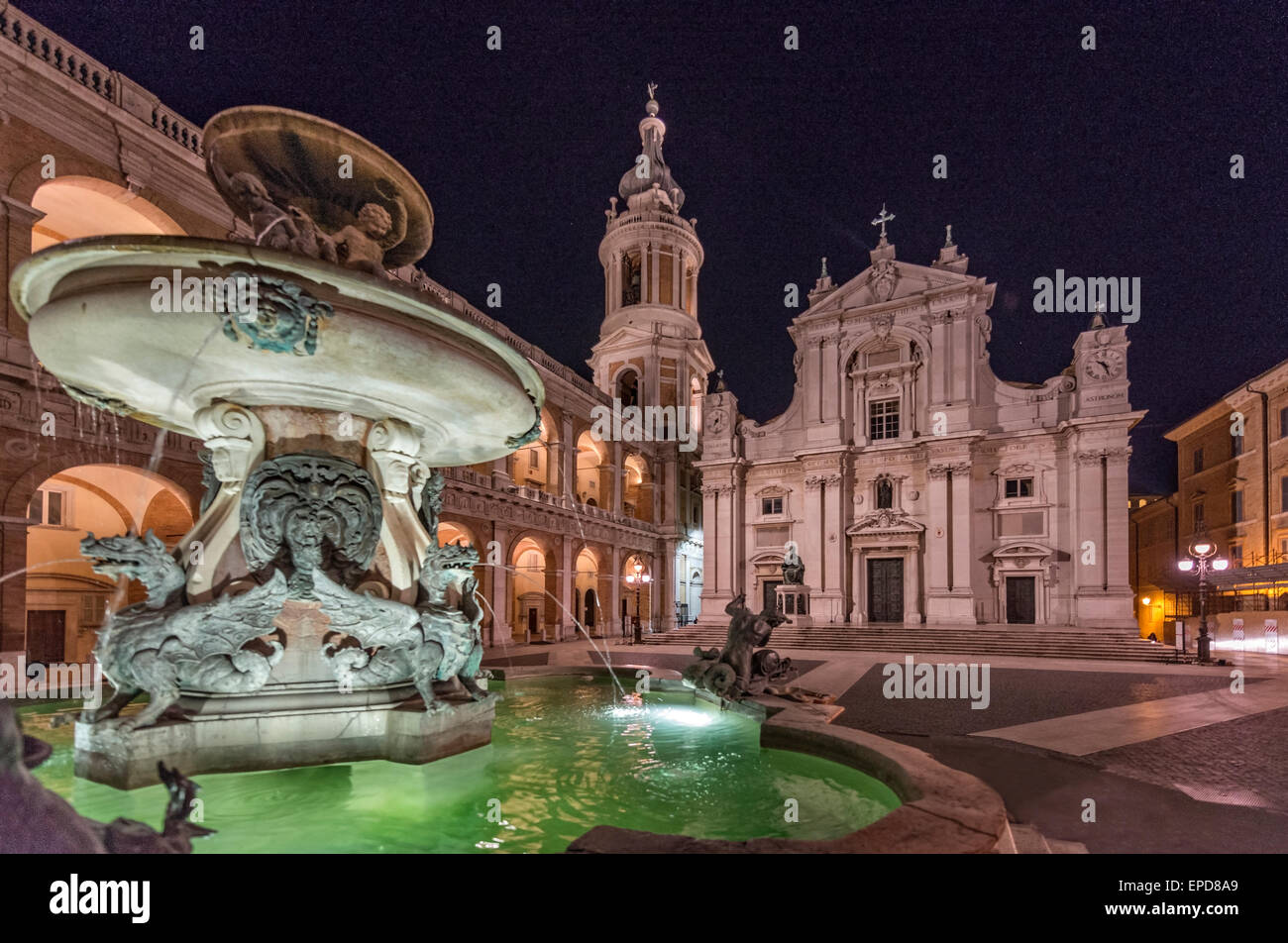 Holy House of Loreto by night, Loreto, Conero, Marche district, Italy ...