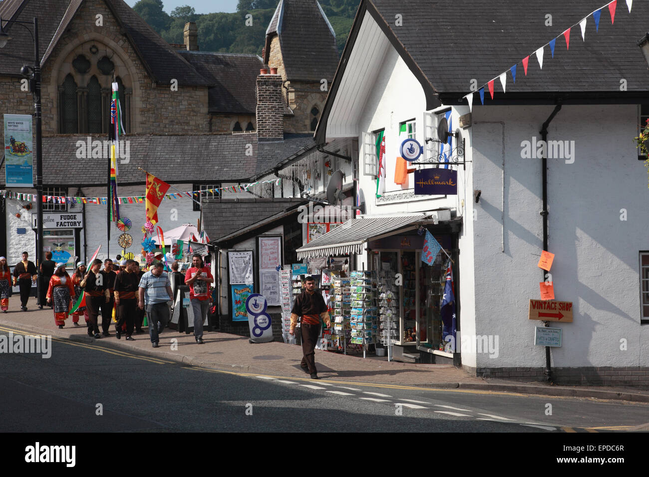 Gift shops along the main street in Llangollen, north Wales, during ...