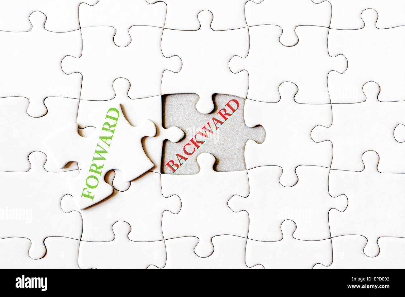 Missing jigsaw puzzle piece with word FORWARD, covering text BACKWARDS ...
