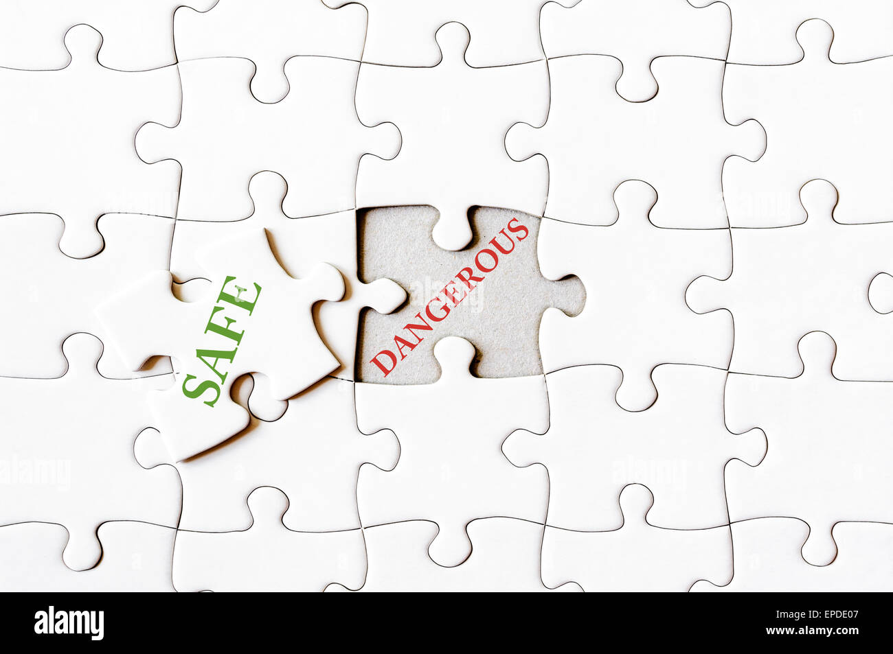 Missing jigsaw puzzle piece with word SAFE, covering text DANGEROUS ...