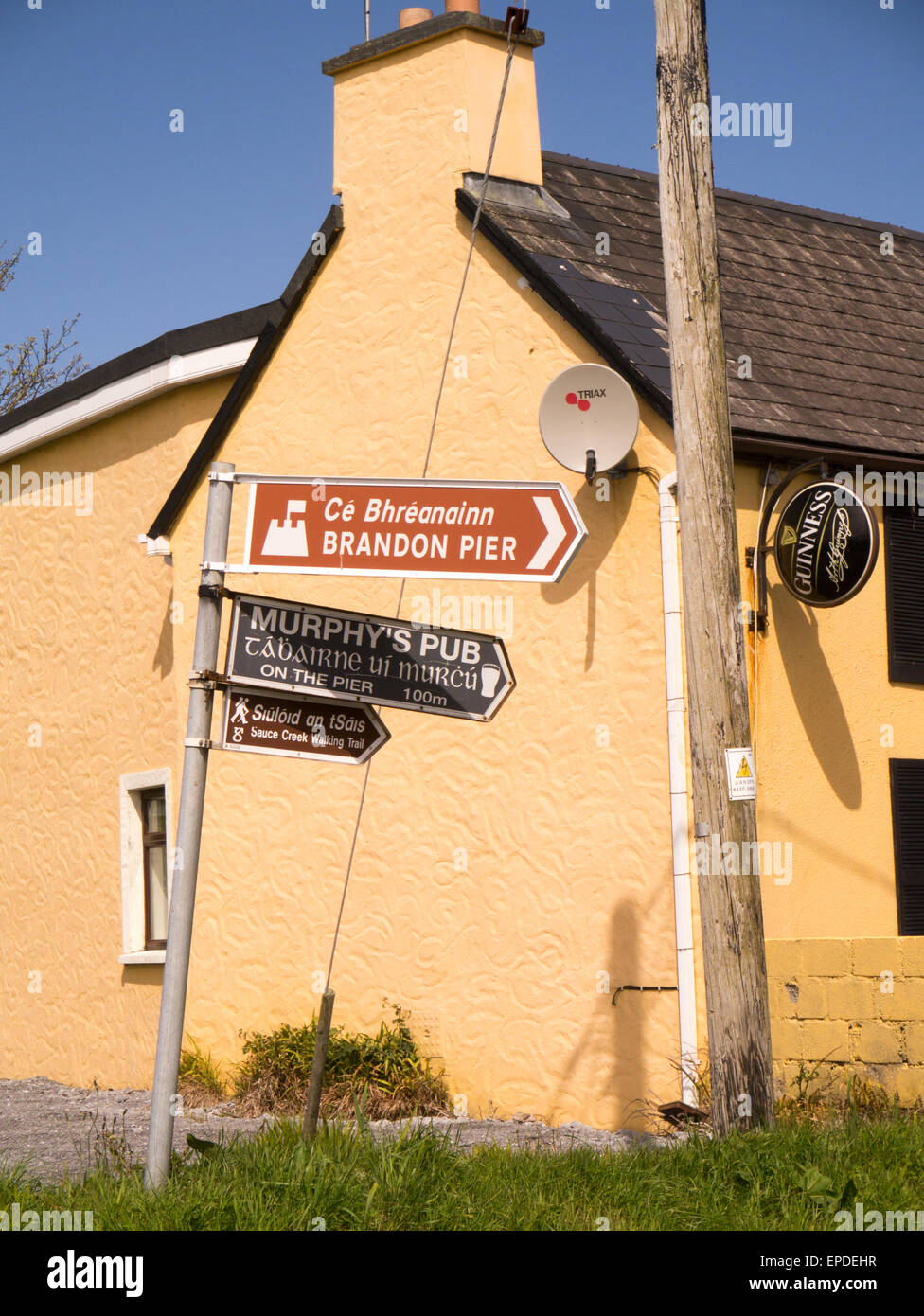 Signpost outside a pub at Brandon Pier on the Dingle Peninsular, part ...