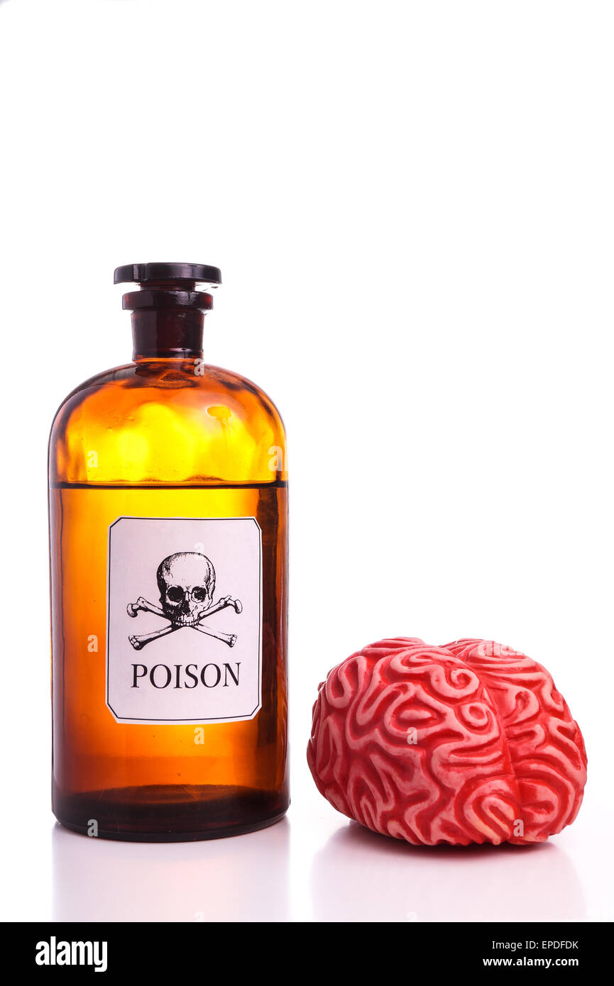 Poison bottle, vintage sign and brain isolated on white Stock Photo - Alamy