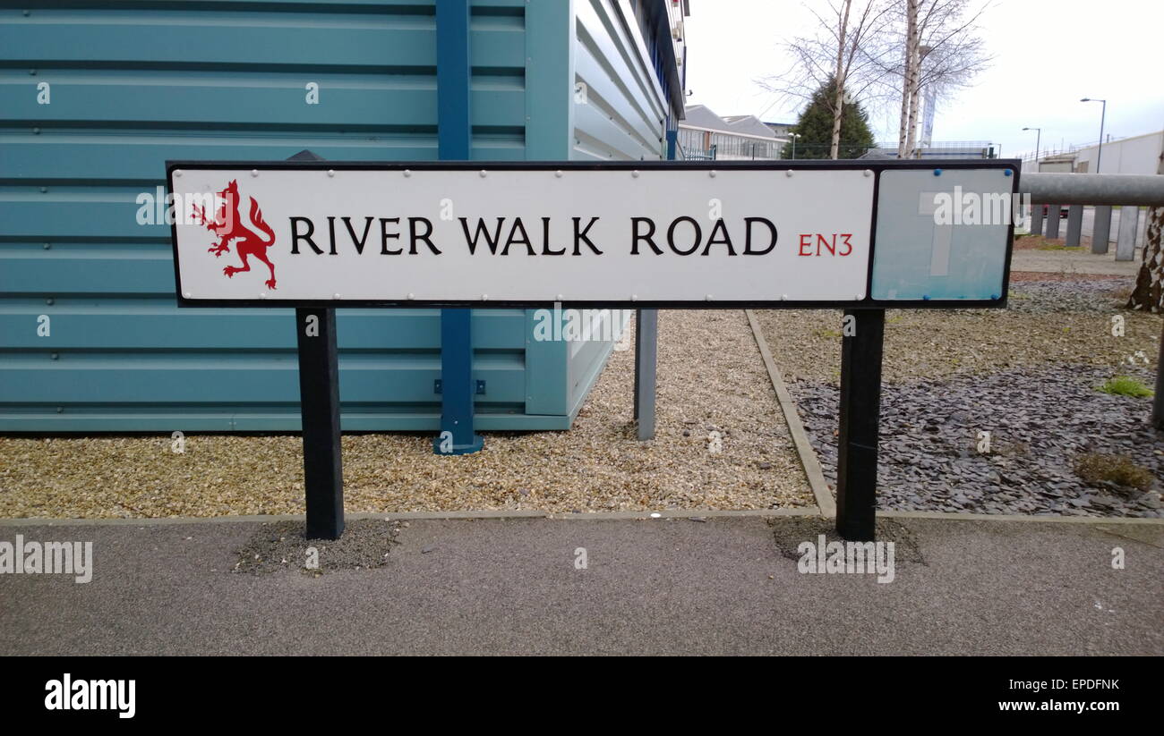 Road sign in Enfield, London, stating 'River', 'Walk', 'Road', forms of ...