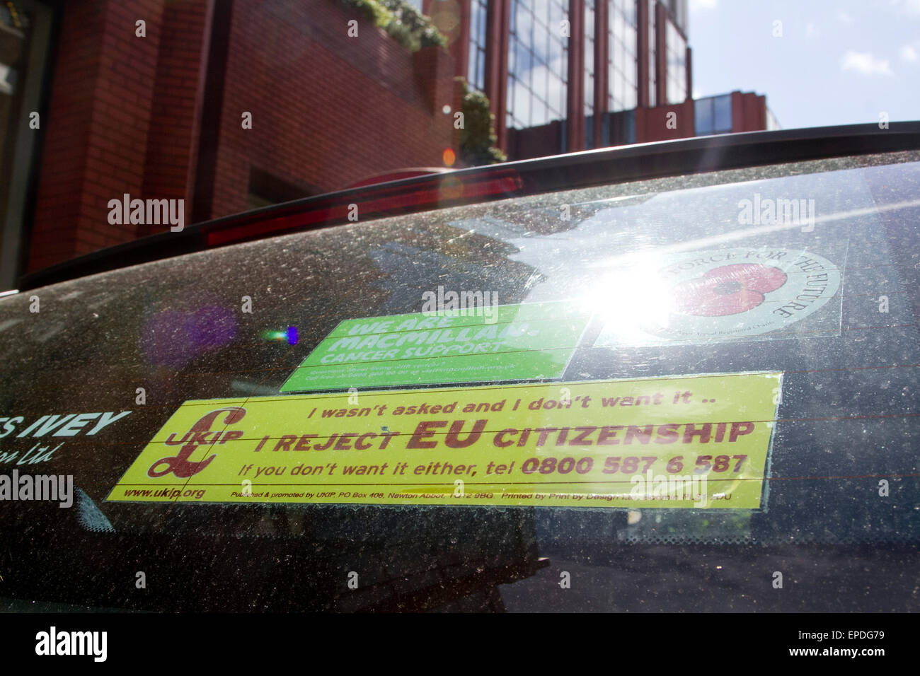 Wimbledon London,UK. 17th May 2015. A car sticker for (UKIP) United ...
