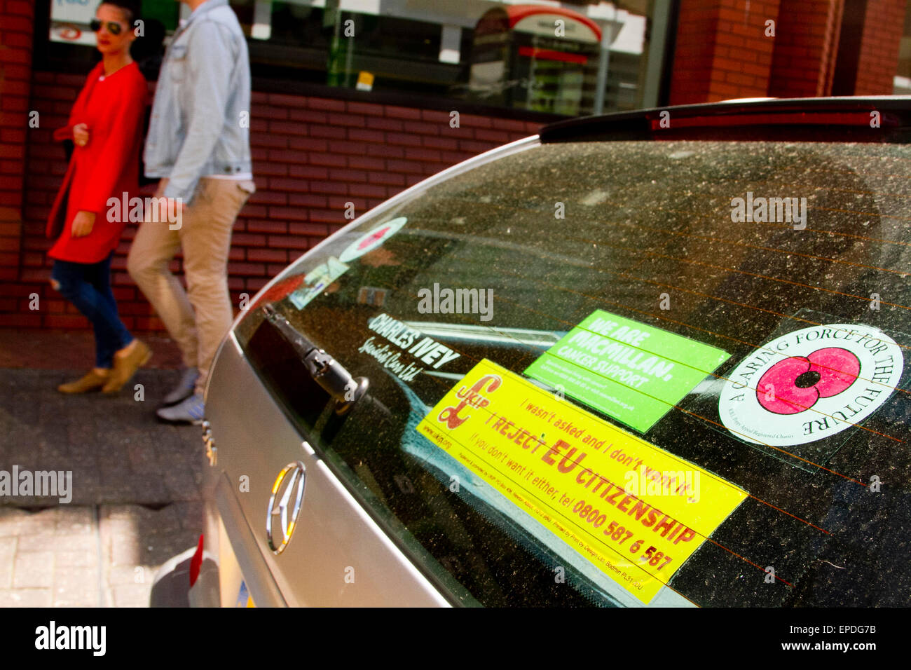 Wimbledon London,UK. 17th May 2015. A car sticker for (UKIP) United ...
