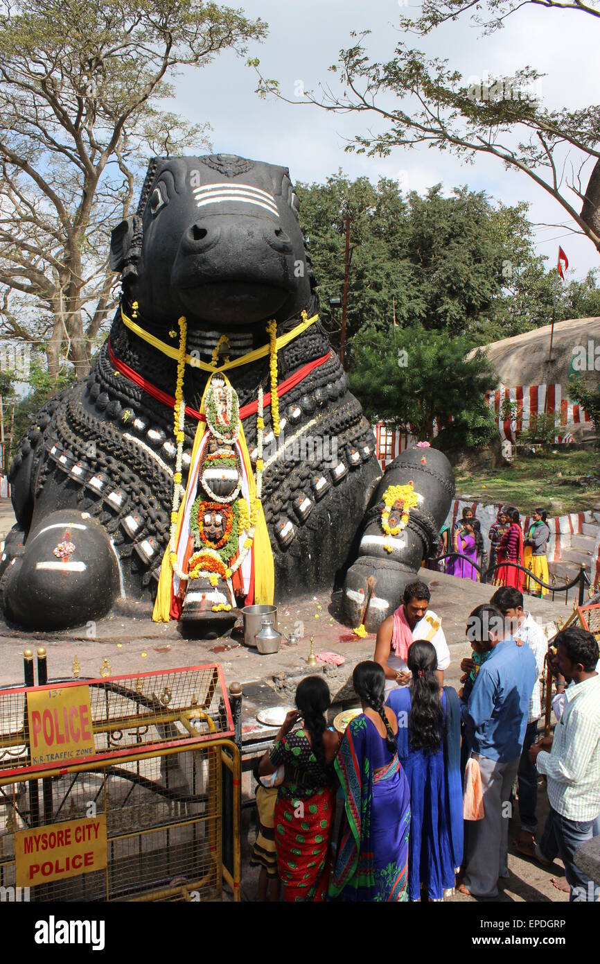 The temple and pilgrimage precinct of Chamundi Hill, Mysore. The Nandi ...