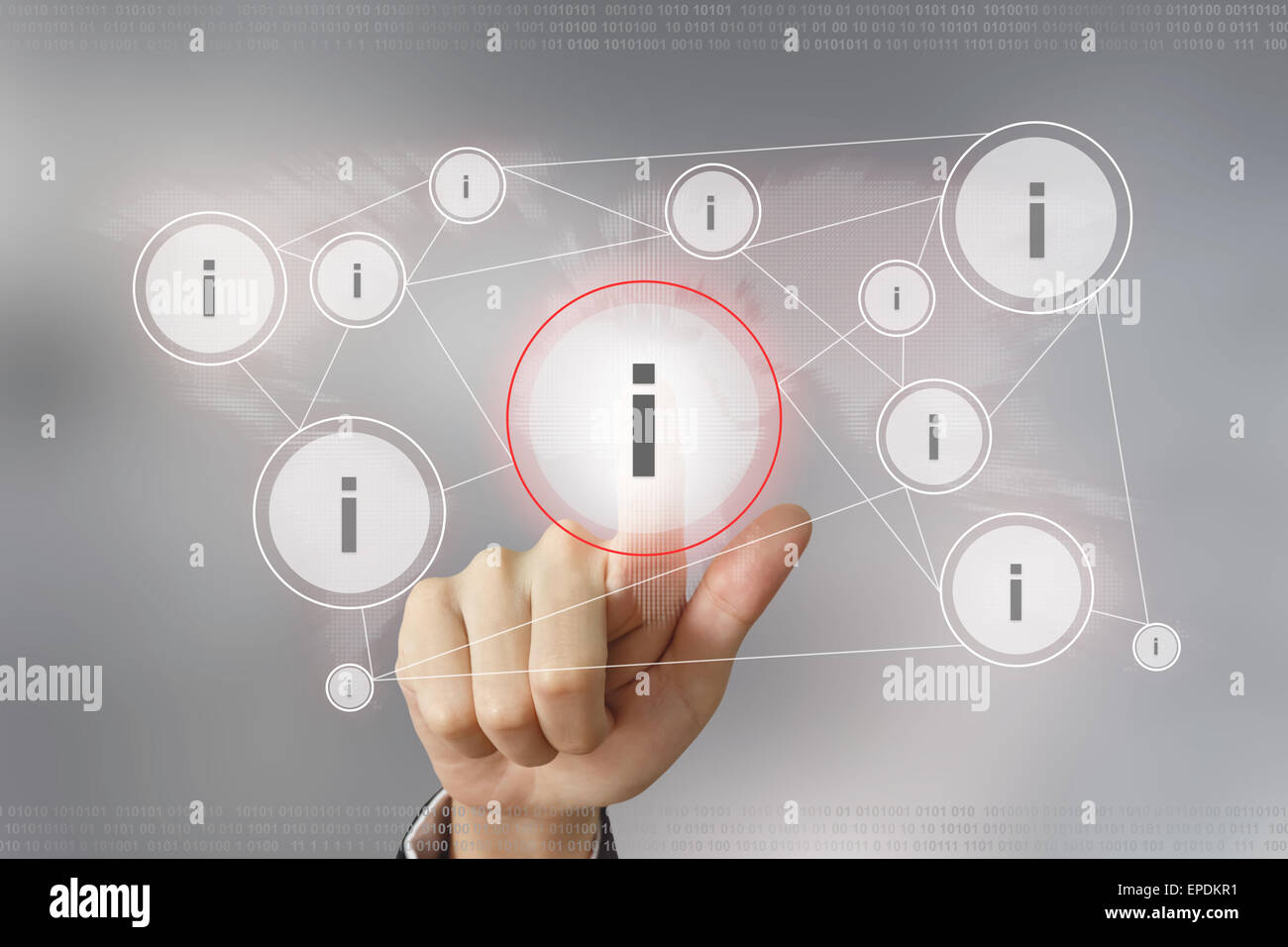 hand pushing information button with global networking concept Stock ...