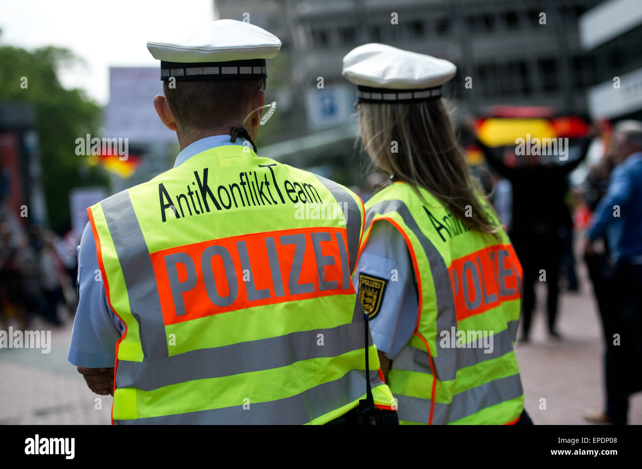 Stuttgart, Germany. 17th May, 2015. Police officers wear vests reading ...