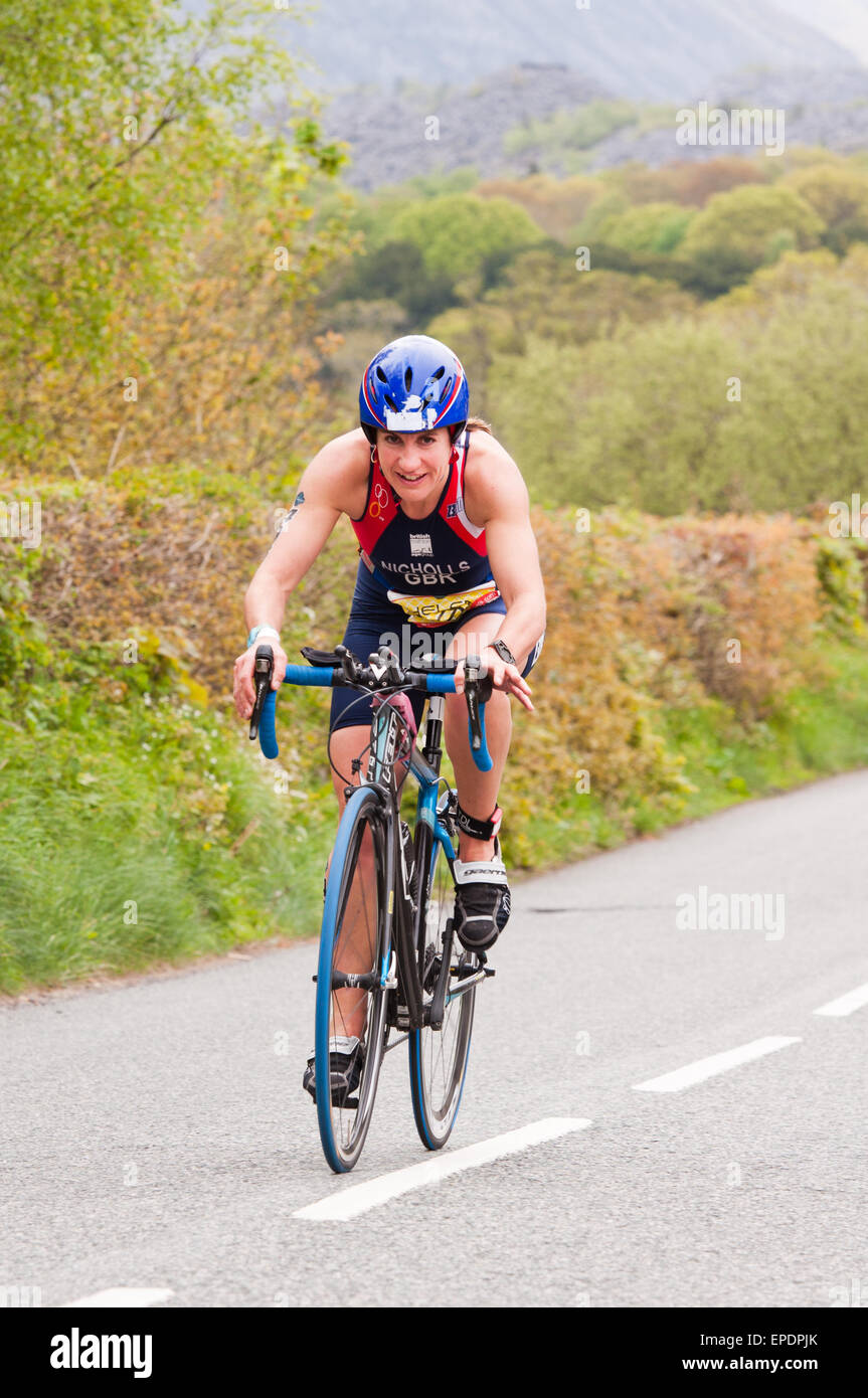 Helen Nicholls of Nuneaton Triathlon Club enjoying the hill at Tregarth ...