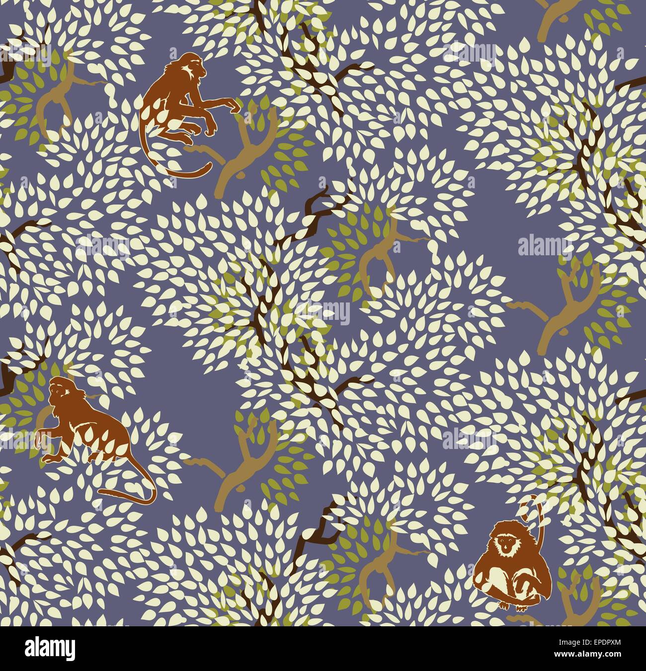 Abstract floral seamless pattern. Trees and monkeys. Exotic forest ...
