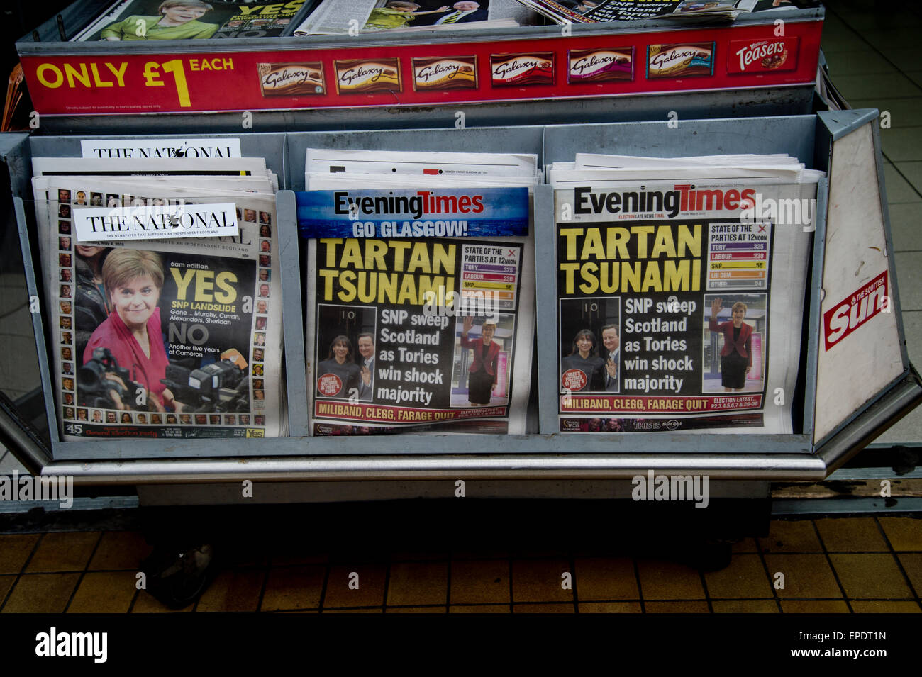 May 8th 2015. Newspaper front pages showing victory of SNP (Scottish ...