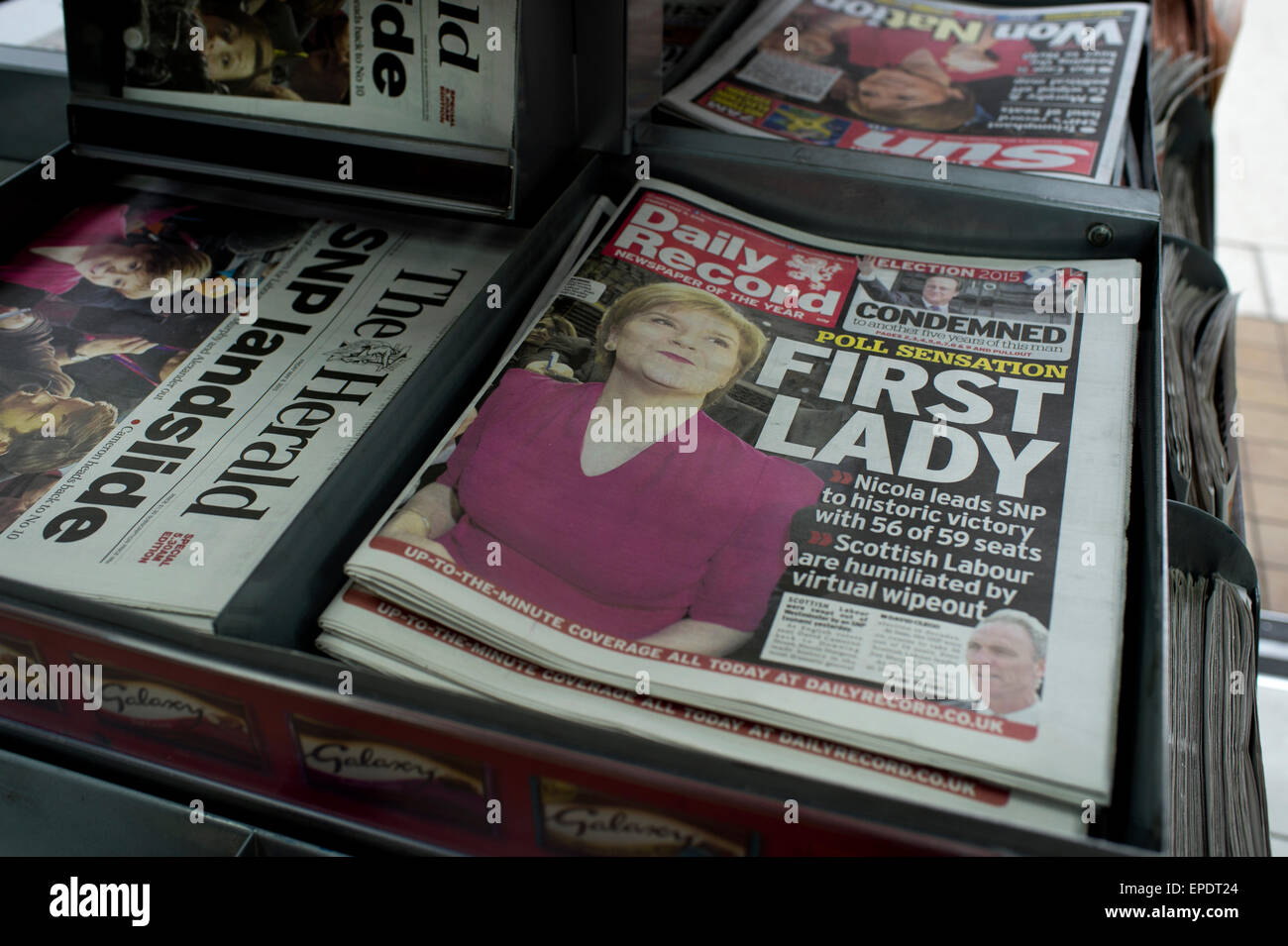 May 8th 2015. Newspaper front pages showing victory of SNP (Scottish ...