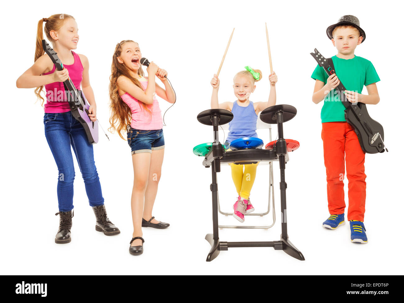 Cute children playing instruments and girl sings Stock Photo - Alamy