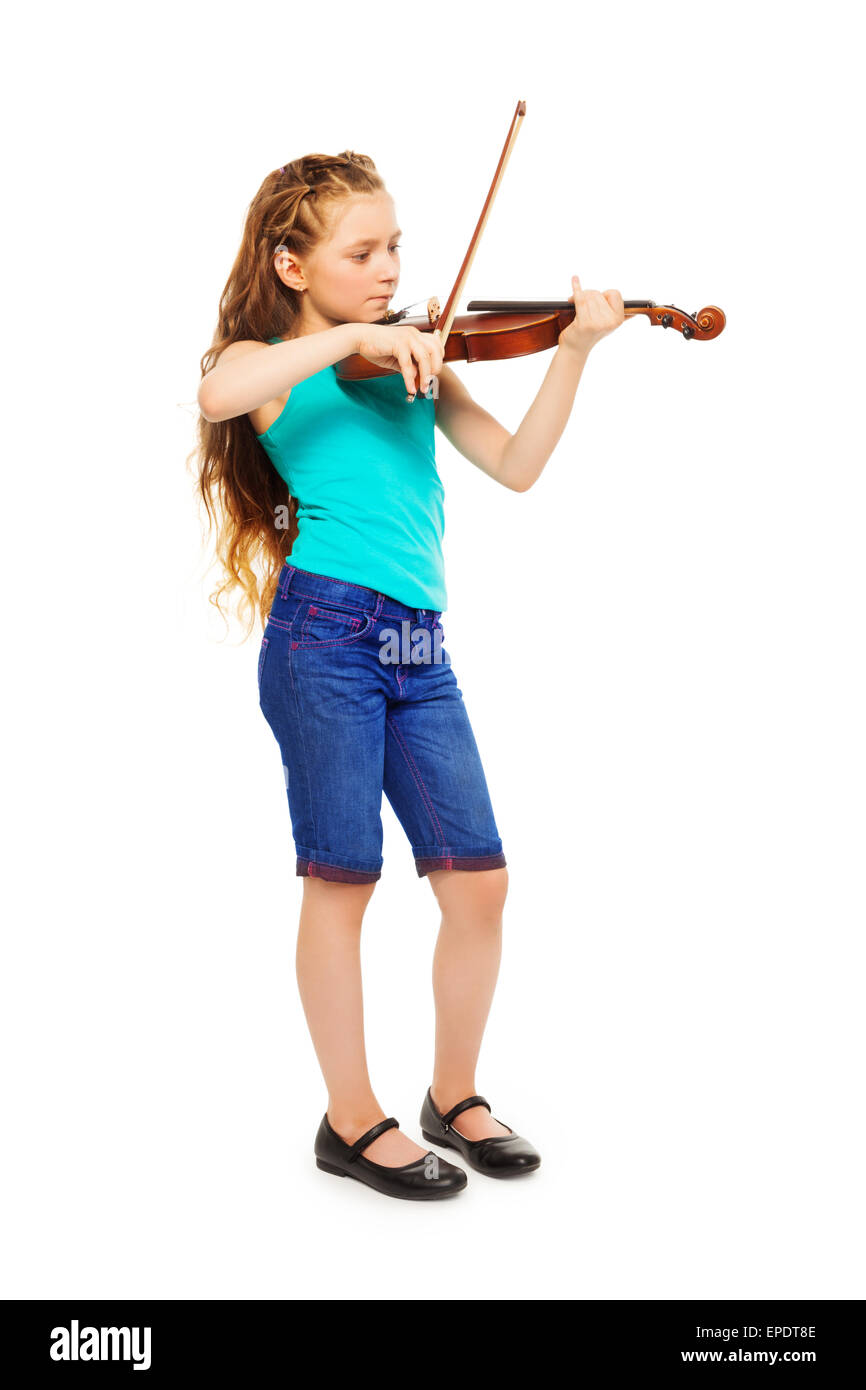Standing girl holding string and playing violin Stock Photo - Alamy