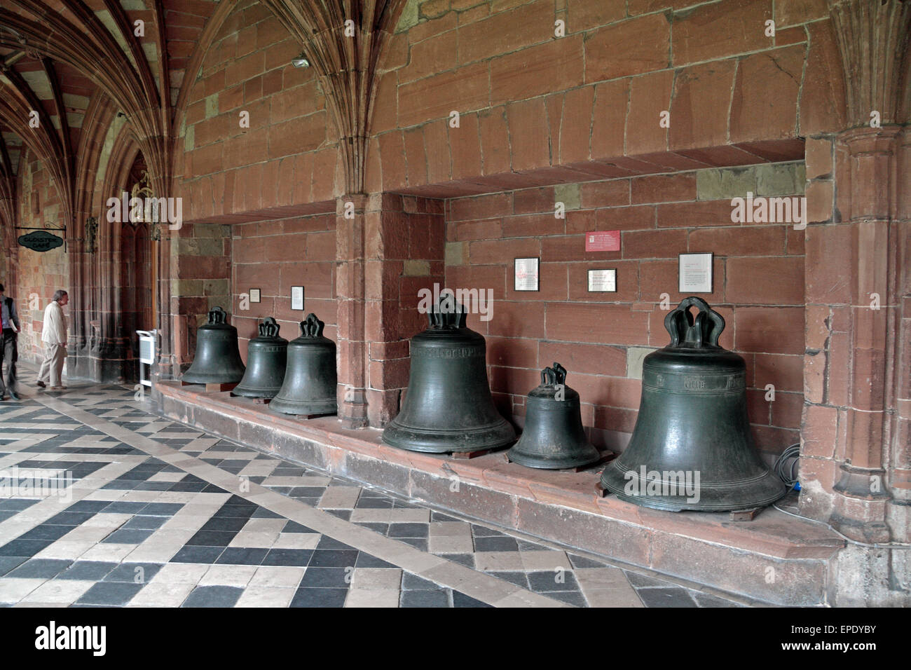 Church bells on display in the medieval cloisters in Worcester ...